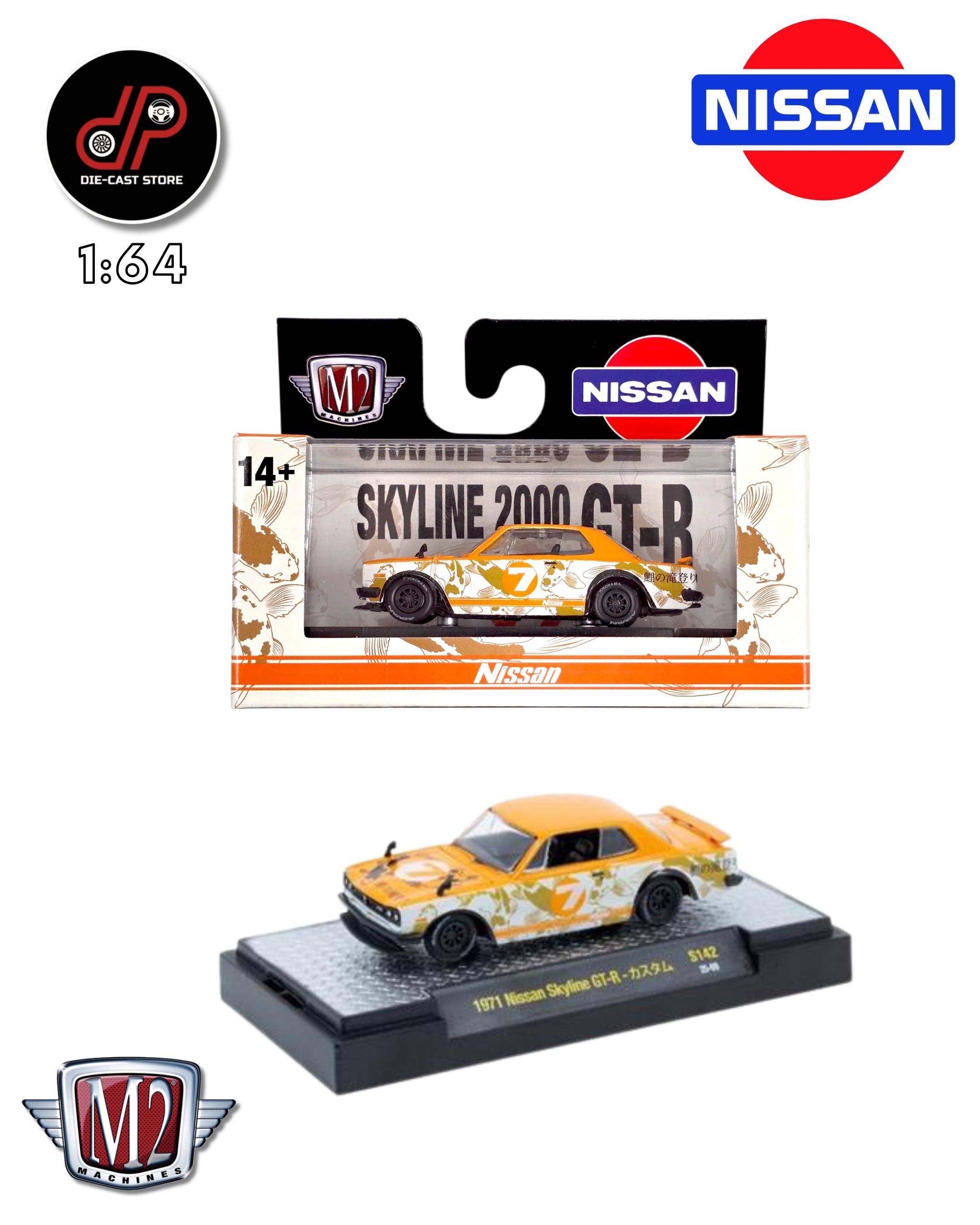 M2 MACHINES #7 1971 NISSAN SKYLINE GT-R ORANGE/KOI FISH – DP Die Cast Store